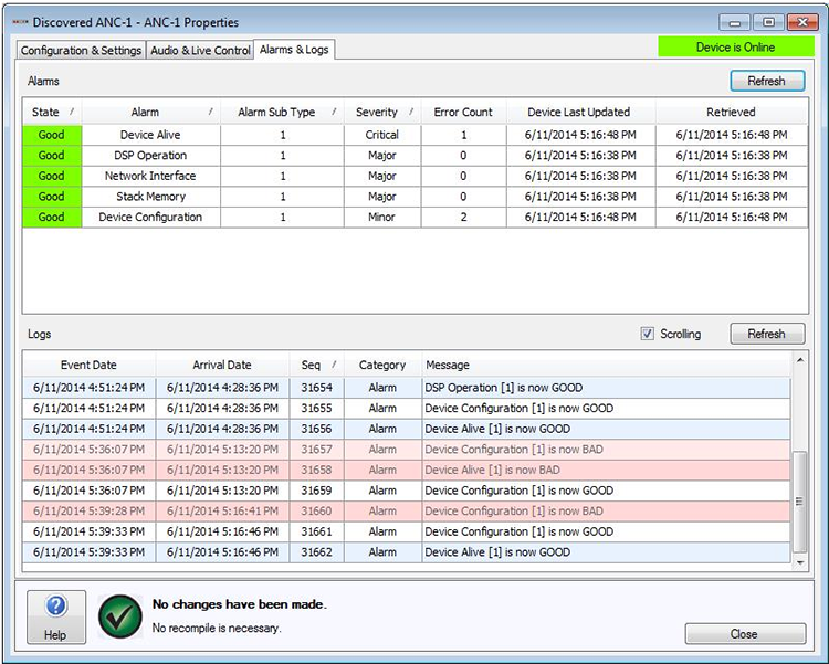 ANC-1 Alarms and Logs